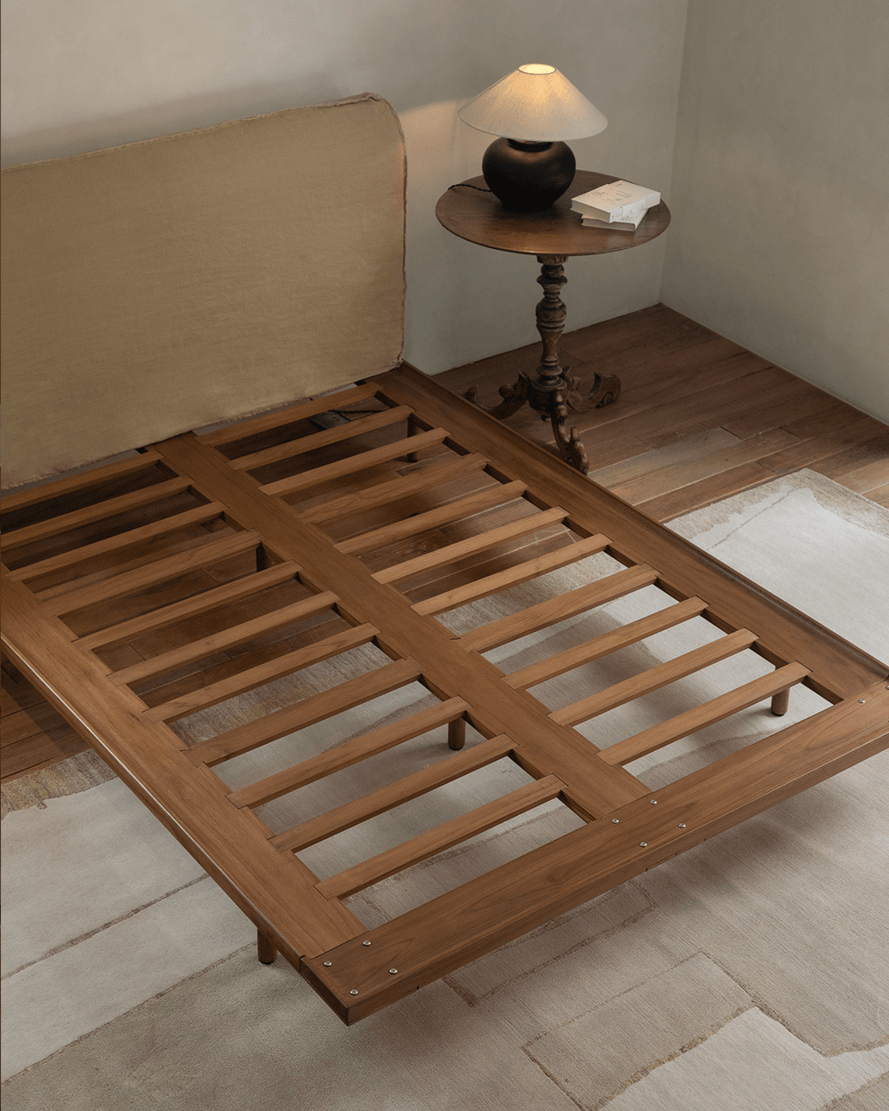 Seren Teak Linen Bed | Teak Frame & Linen Headboard - ZM Home